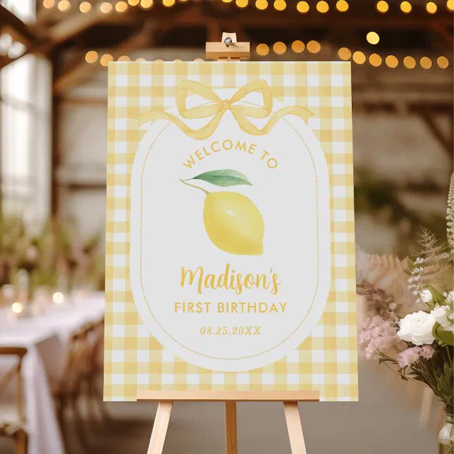 Gingham Lemon Themed 1st Birthday Foam Board | Zazzle