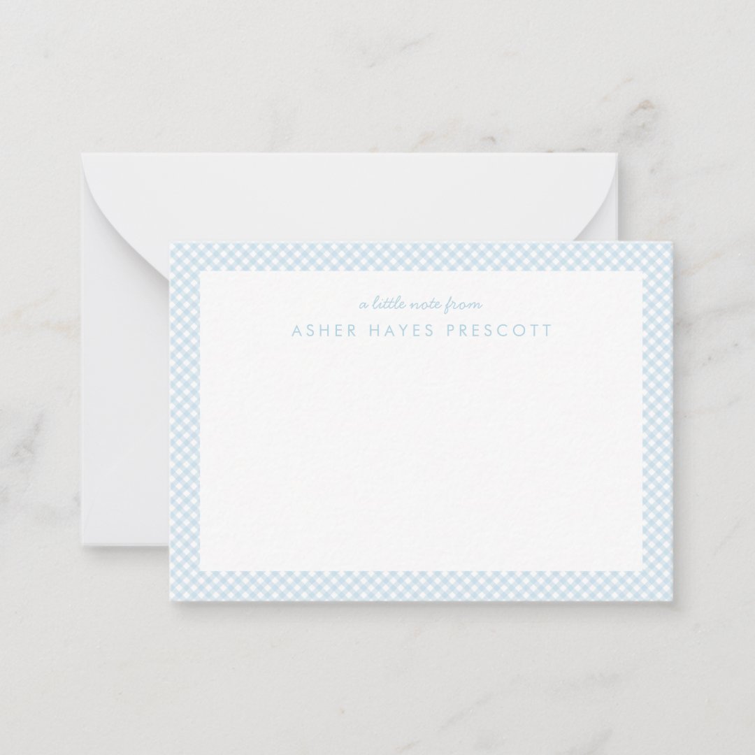 Gingham personalized children's blue note card | Zazzle