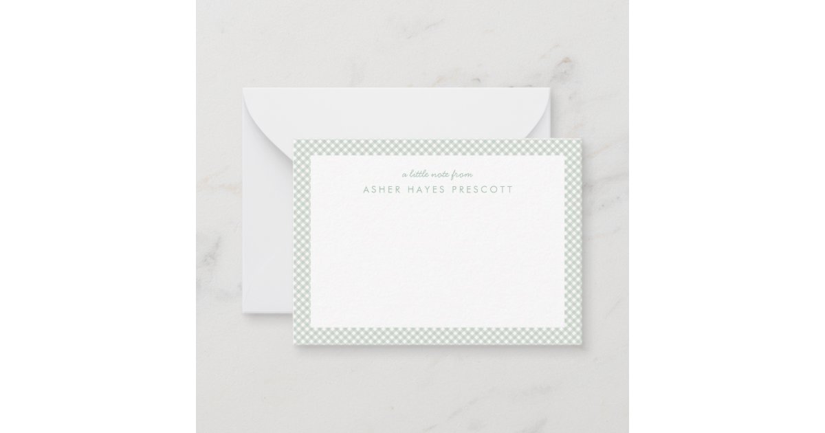 Gingham personalized children's green note card | Zazzle