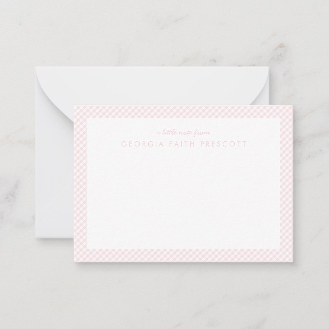 Gingham personalized children's pink note card | Zazzle
