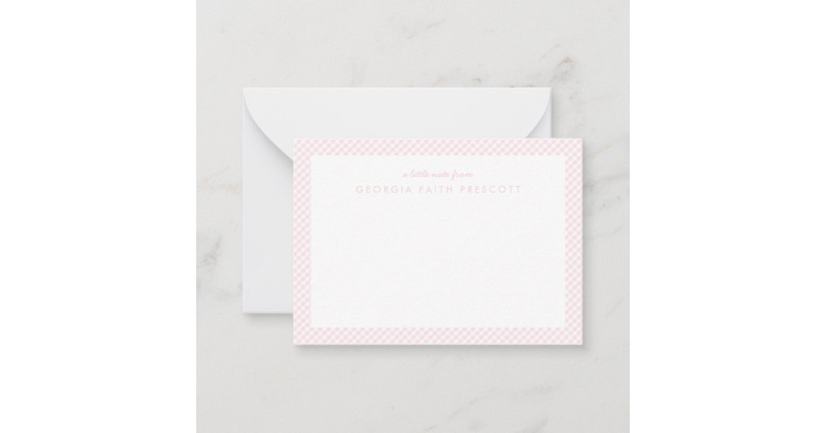 Gingham personalized children's pink note card | Zazzle