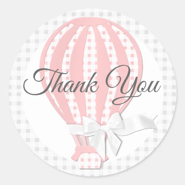 Gingham Pink Hot Air Balloon Classic Round Sticker | Zazzle