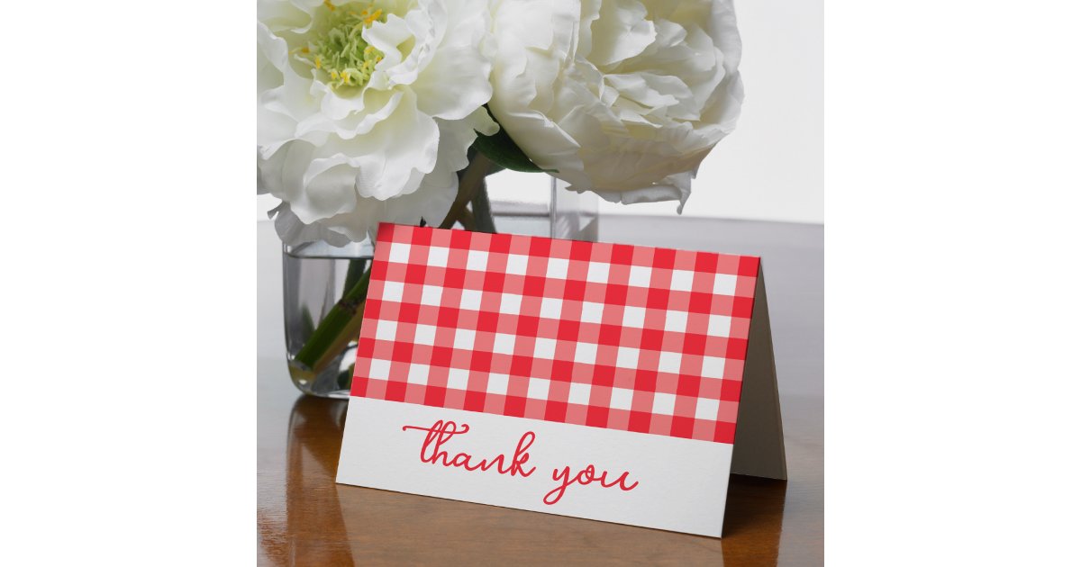 Gingham Plaid Red & White Thank You Card | Zazzle