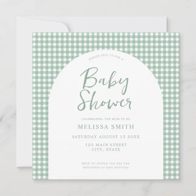Gingham Sage Green Checkered Plaid Baby Shower Invitation | Zazzle