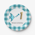 Gingham, Teal Blue Fish & Balloon 1st Birthday Paper Plates | Zazzle