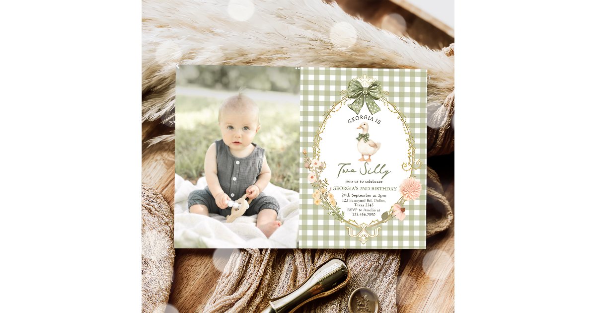 Gingham Two Silly Goose 2nd Birthday Photo Invitation | Zazzle