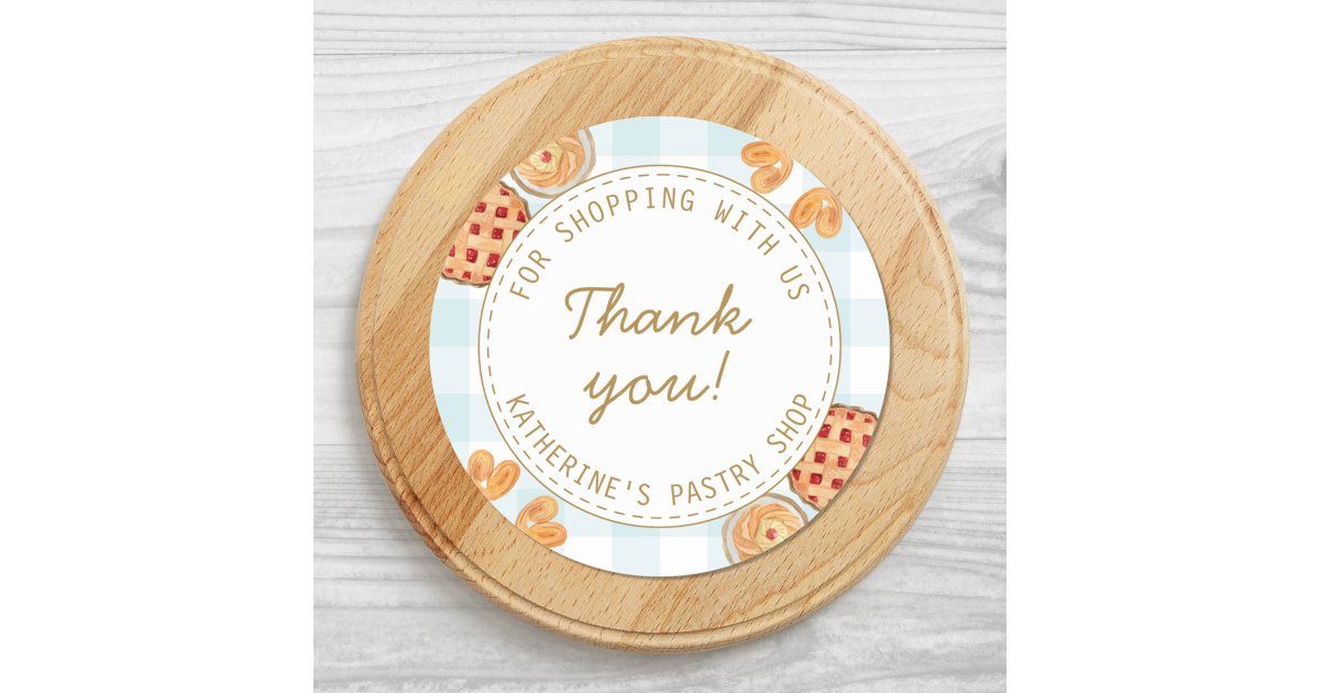 Gingham Watercolor Pastry Baking Bakery Thank you Classic Round Sticker ...