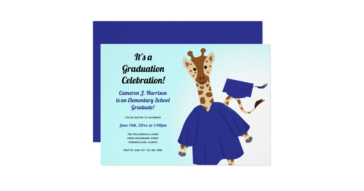 Giraffe Animal Blue Cap Gown Kid Graduation Invitation | Zazzle.com