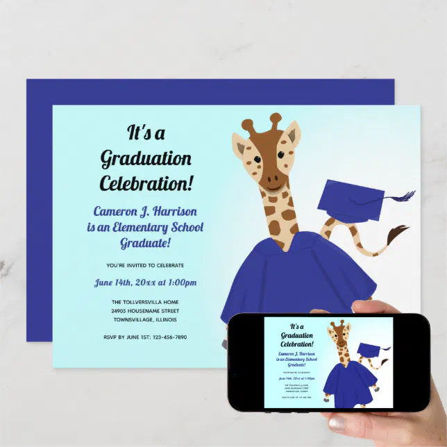 Giraffe Animal Blue Cap Gown Kid Graduation Invitation | Zazzle