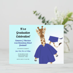 Giraffe Animal Blue Cap Gown Kid Graduation Invitation | Zazzle