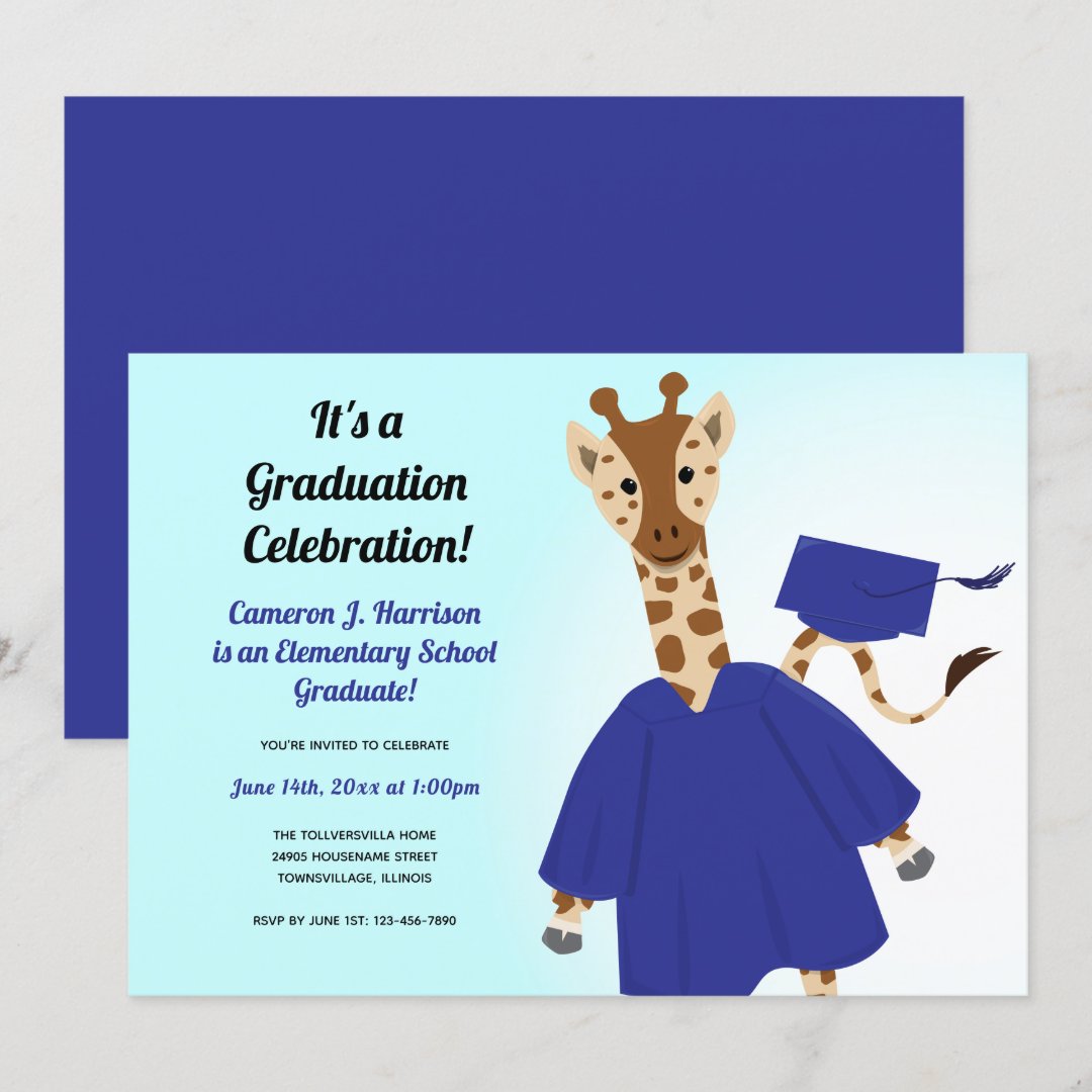 Giraffe Animal Blue Cap Gown Kid Graduation Invitation | Zazzle