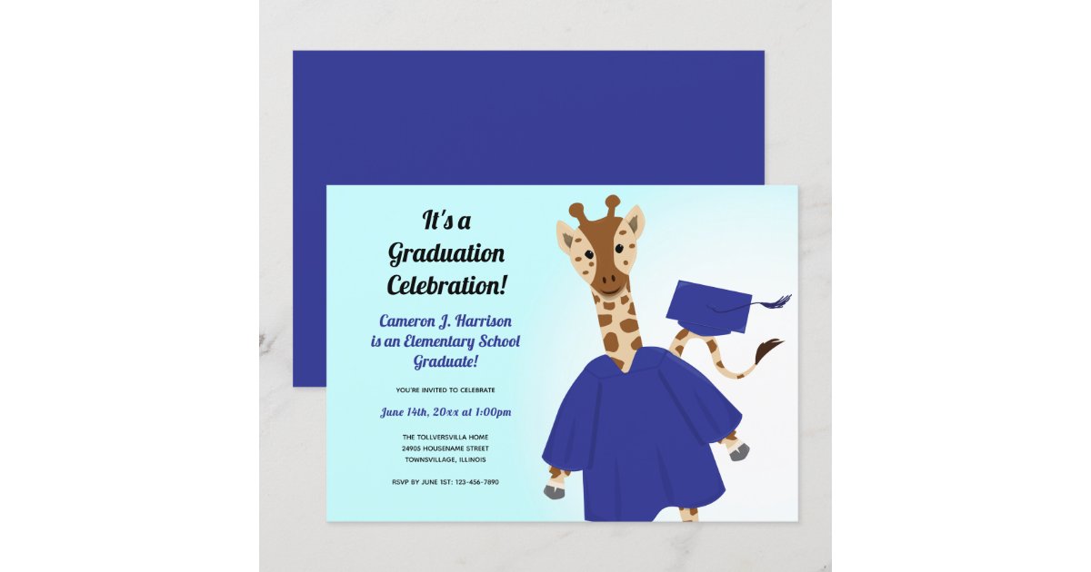 Giraffe Animal Blue Cap Gown Kid Graduation Invitation | Zazzle