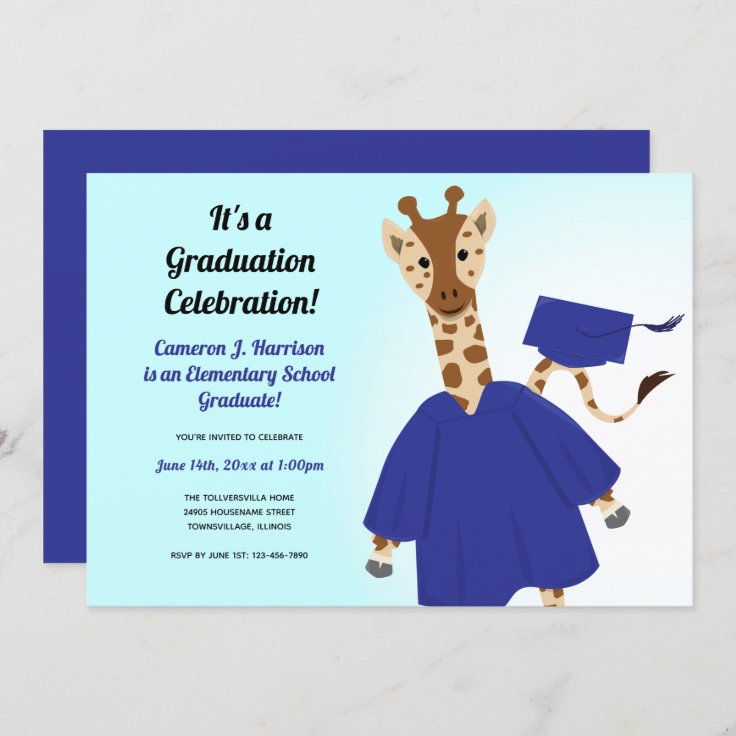 Giraffe Animal Blue Cap Gown Kid Graduation Invitation | Zazzle