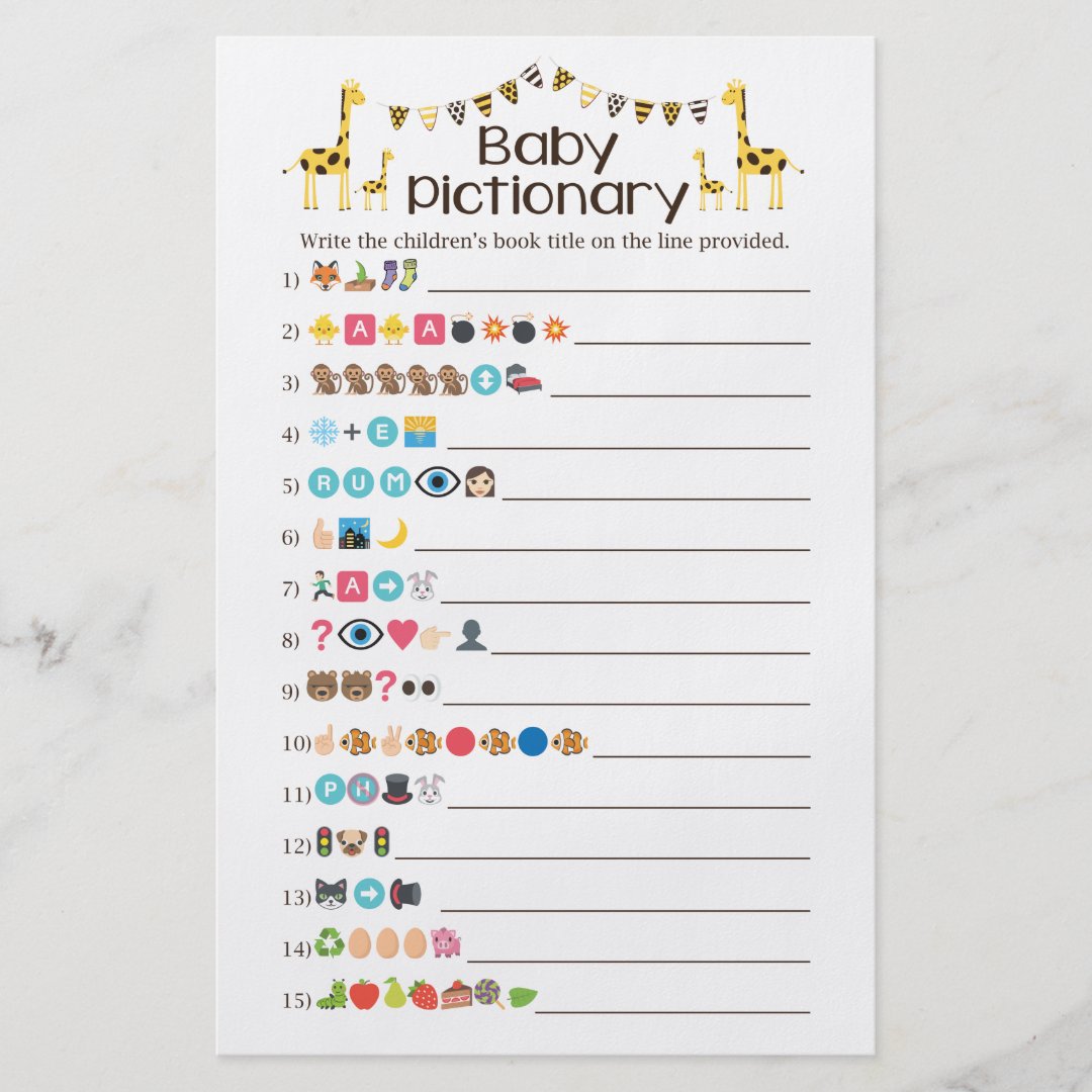 Giraffe Baby Books Emoji Pictionary Shower Game Flyer | Zazzle