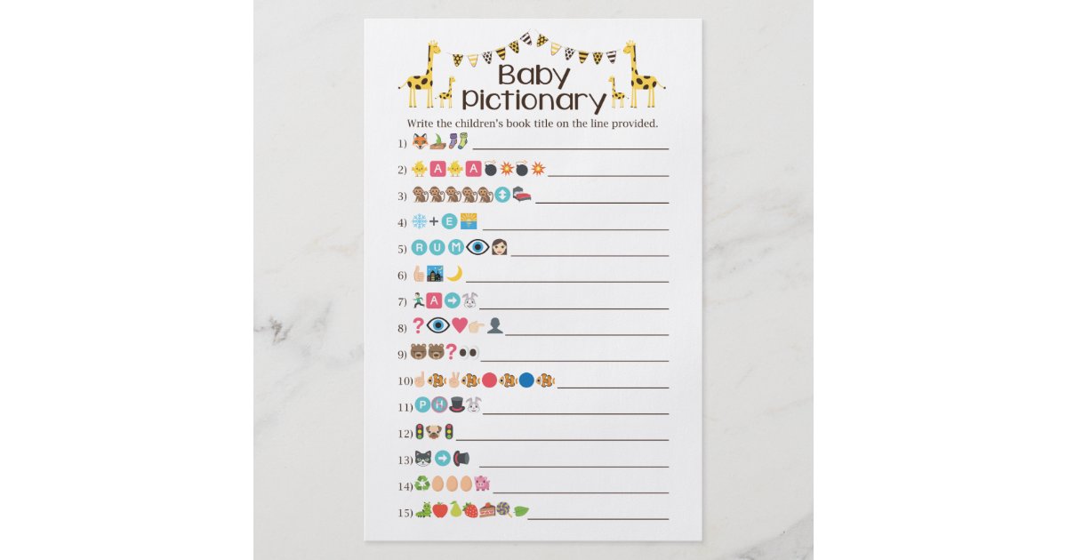 Giraffe Baby Books Emoji Pictionary Shower Game Flyer | Zazzle