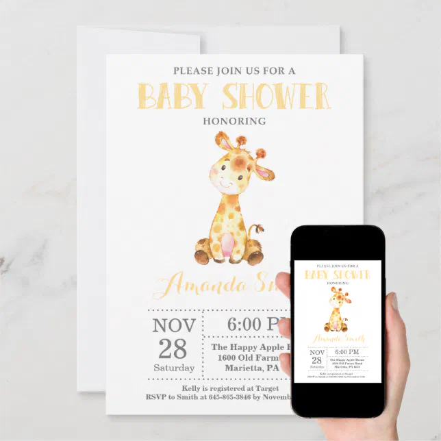 Giraffe Baby Shower Invitation Yellow and Gray | Zazzle