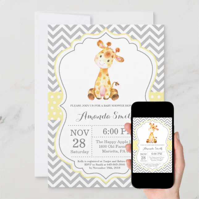 Giraffe Baby Shower Invitation Yellow and Gray | Zazzle
