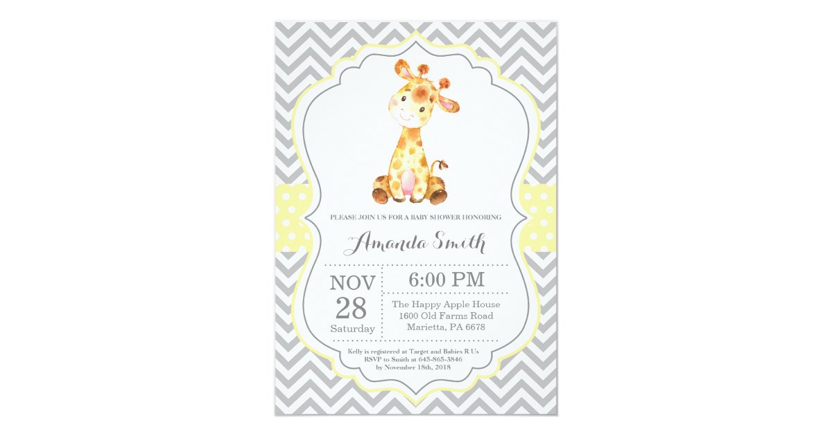 Giraffe Baby Shower Invitation Yellow and Gray | Zazzle.com