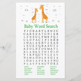 Giraffe Baby Shower Word Search Game | Zazzle