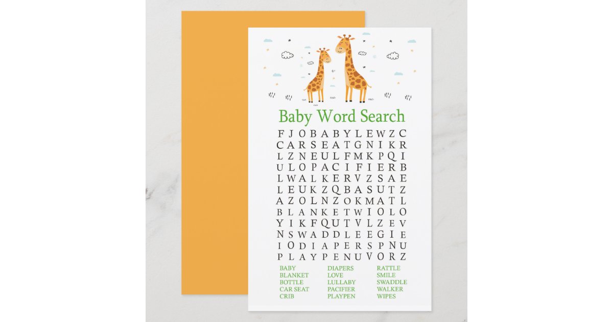 Giraffe Baby Shower Word Search Game | Zazzle