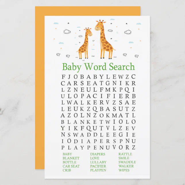 Giraffe Baby Shower Word Search Game | Zazzle
