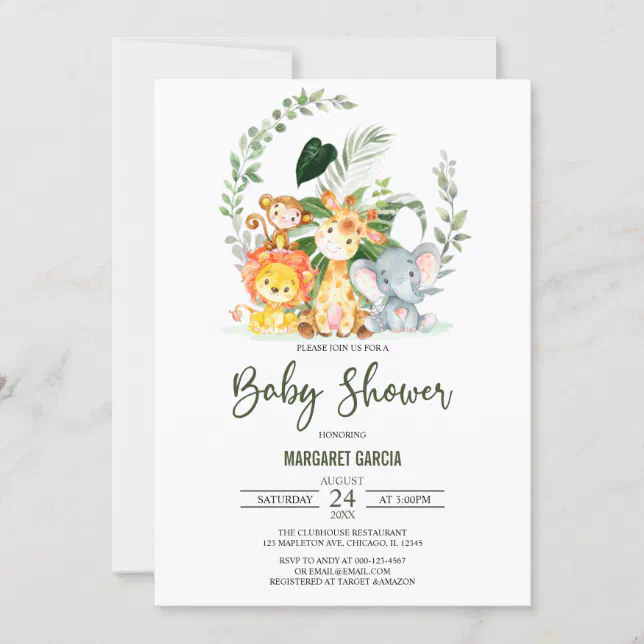 Giraffe Lion Elephant Safari Animals Baby Shower Invitation | Zazzle