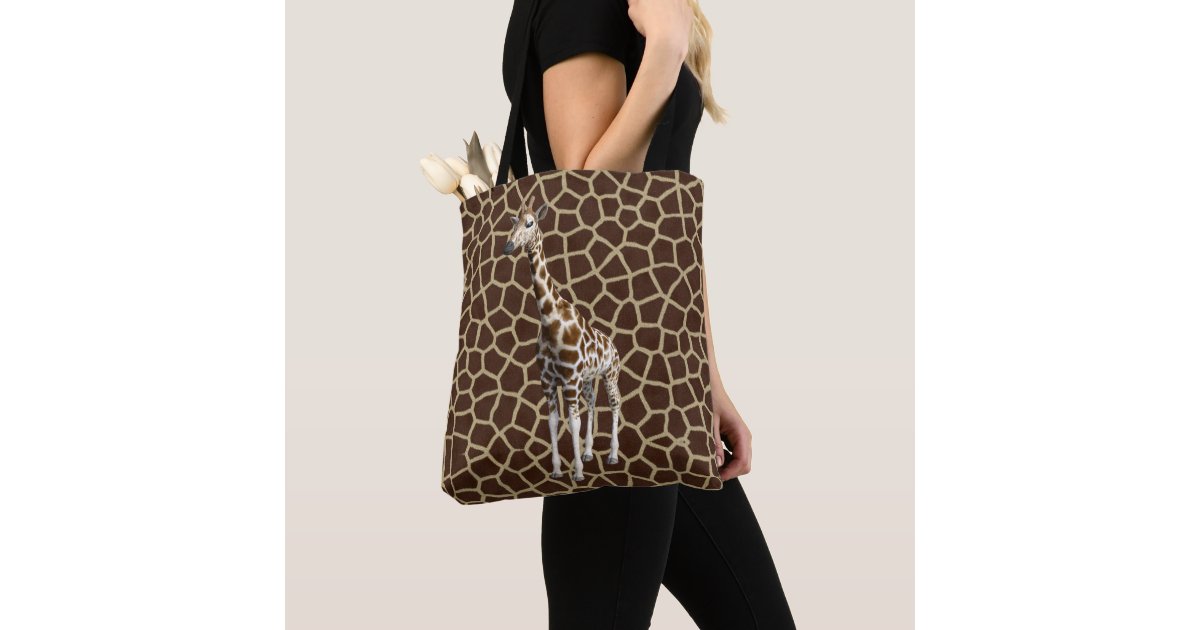 Giraffe on giraffe print tote | Zazzle
