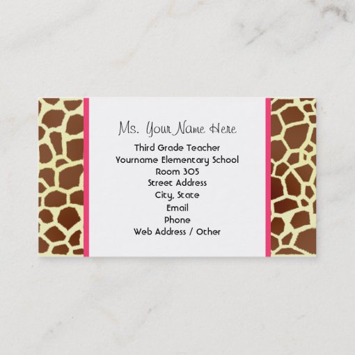 Giraffe Print Pink Schoolhouse Teacher Business Card | Zazzle