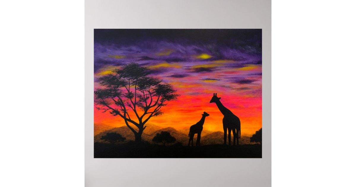 “Giraffe Sunset” Giraffe Scenic Art Poster Prints | Zazzle