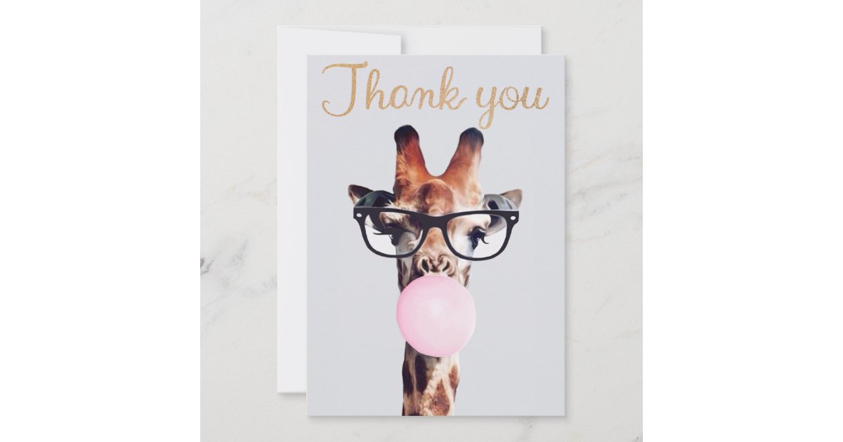 Giraffe Wearing Glasses Blowing Pink Bubble gum Thank You Card | Zazzle