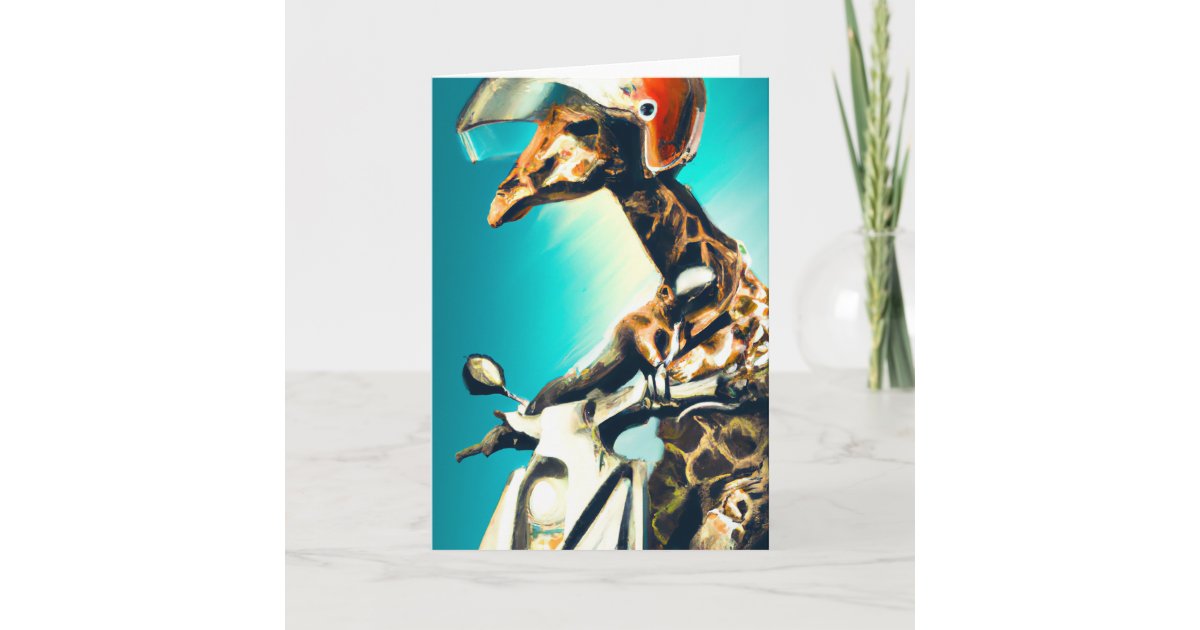 Giraffe Wearing Helmet on Motorcycle Modern AI Art Card | Zazzle