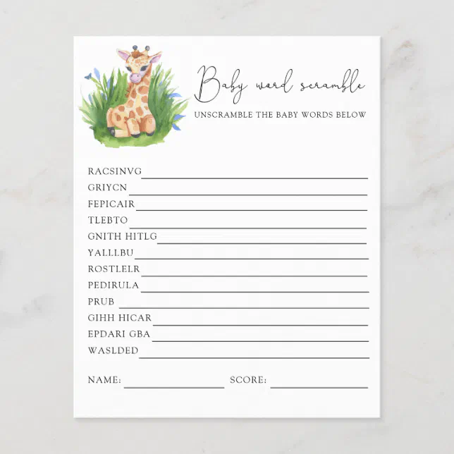 Giraffe Word Scramble | Baby Shower Game | Zazzle