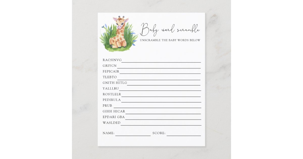 Giraffe Word Scramble | Baby Shower Game | Zazzle