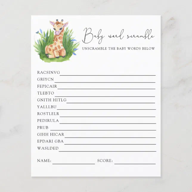 Giraffe Word Scramble | Baby Shower Game | Zazzle