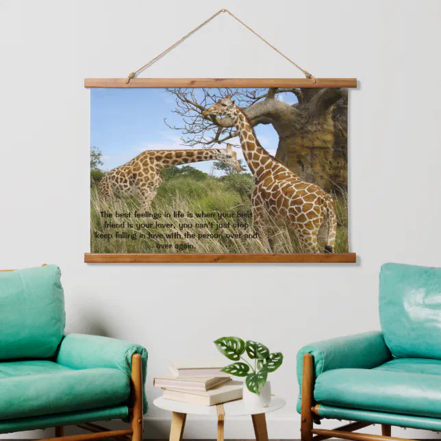 Giraffes out in the field by some trees poster hanging tapestry | Zazzle