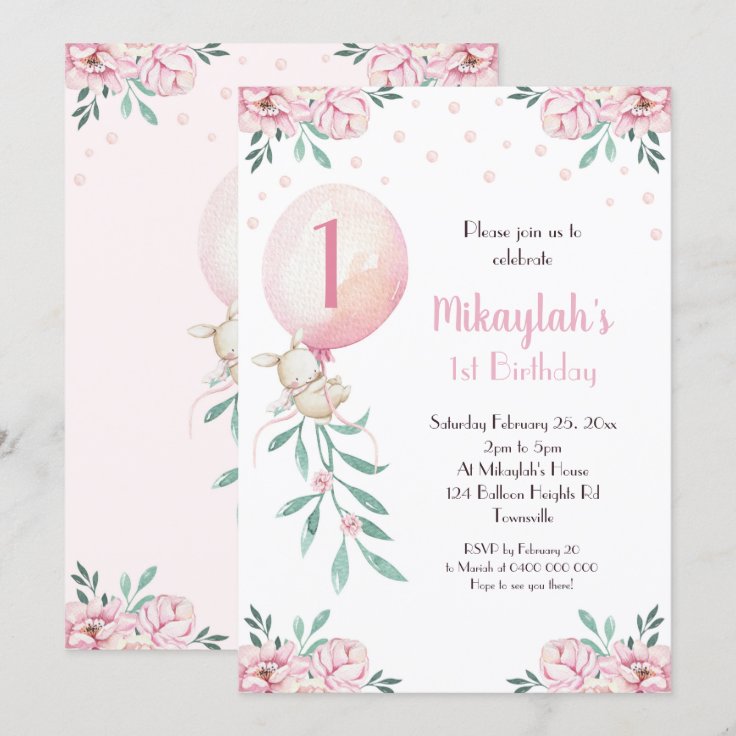 Girl 1st Birthday Invitation Balloons Bunny Party | Zazzle
