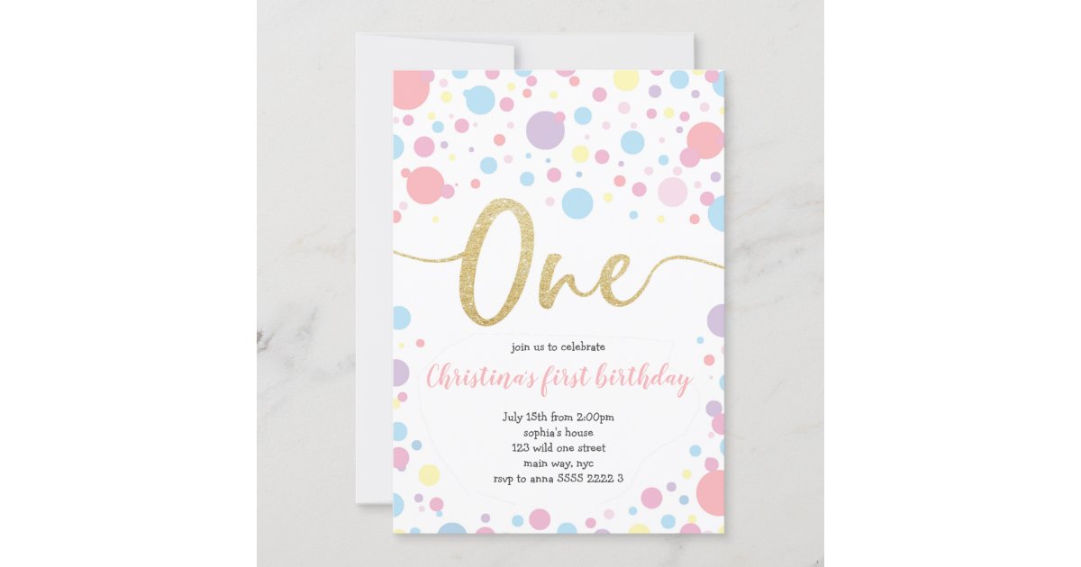 Girl 1st Birthday Pastel Rainbow Dots Confetti Invitation | Zazzle