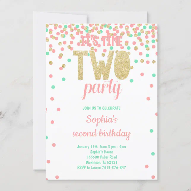 Girl 2nd Birthday TWO PARTY Confetti Teal Pink Invitation | Zazzle