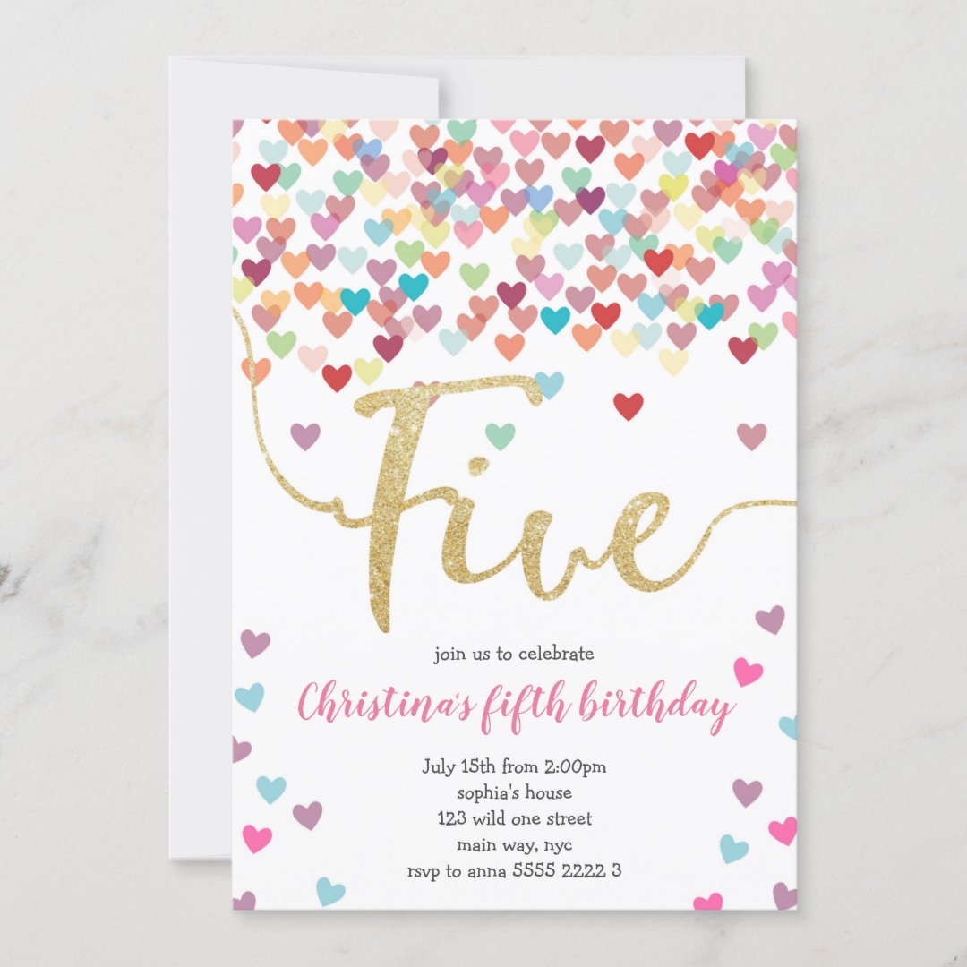Girl 5th Birthday Hearts Confetti Rainbow Glitter Invitation | Zazzle