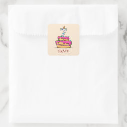 Girl 7th Birthday, 7 on Sweet Pink Cake Square Sticker | Zazzle