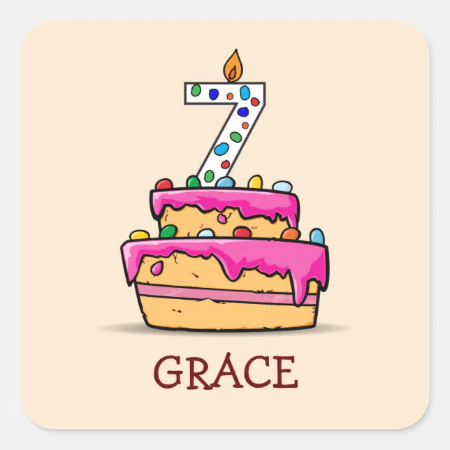 Girl 7th Birthday, 7 on Sweet Pink Cake Square Sticker | Zazzle