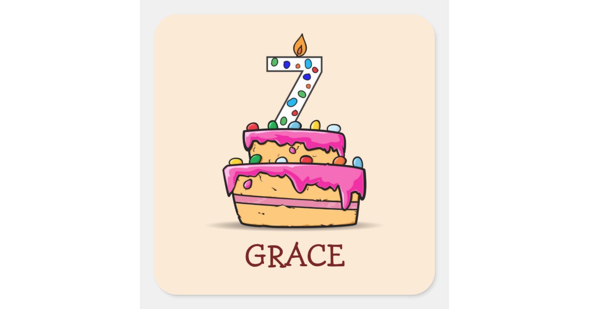 Girl 7th Birthday, 7 on Sweet Pink Cake Square Sticker | Zazzle