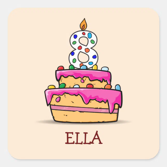 Girl 8th Birthday, 8 on Sweet Pink Cake Square Sticker | Zazzle