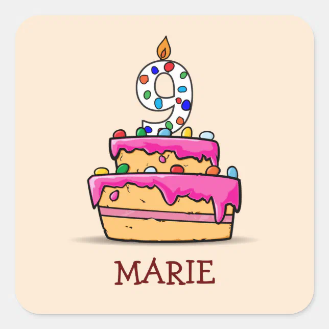 Girl 9th Birthday, 9 on Sweet Pink Cake Square Sticker | Zazzle