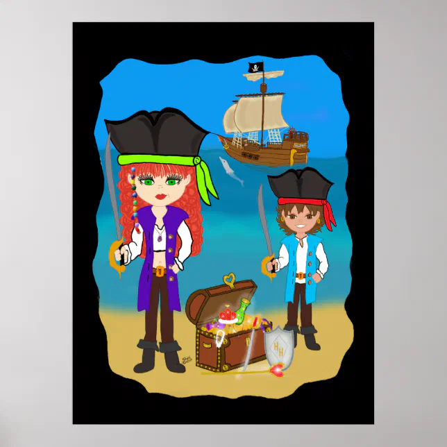 Girl and Boy Pirates with Ship on Beach Poster | Zazzle