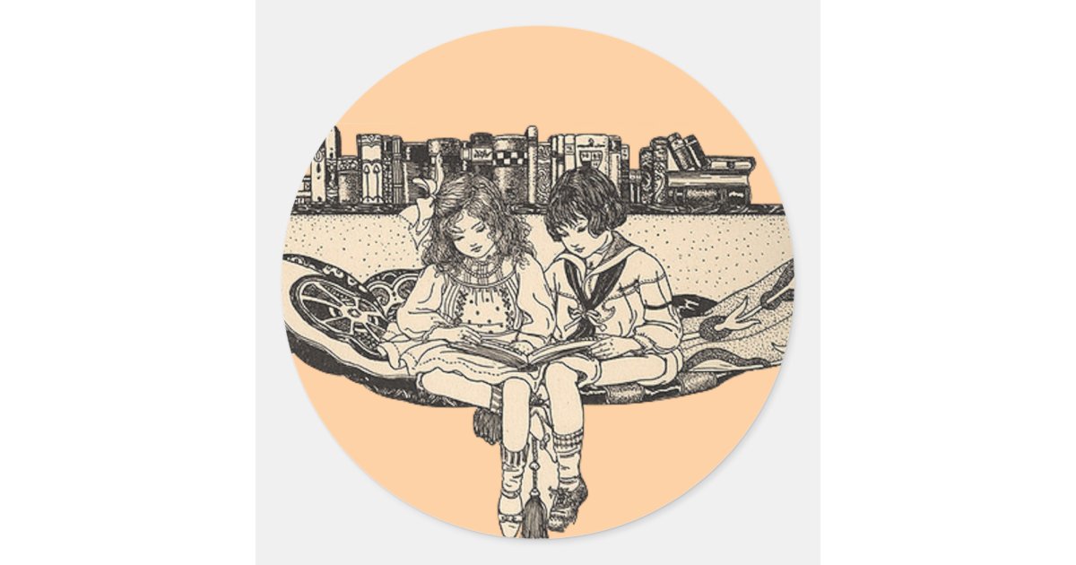 Girl and Boy Reading Classic Round Sticker | Zazzle