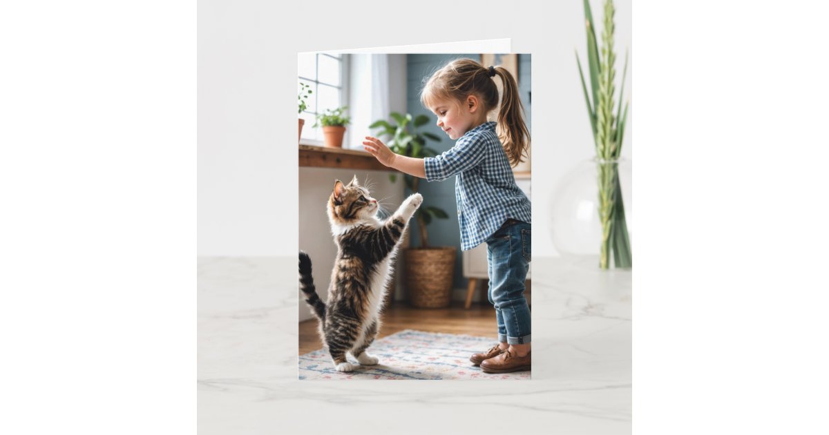 Girl And Cat High Five Birthday Card | Zazzle