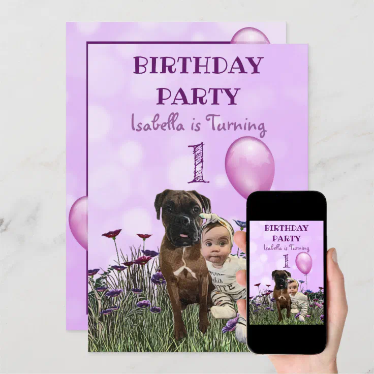 Girl and her Dog First Birthday Party Invitation | Zazzle