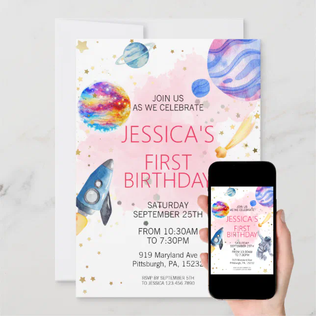 Girl Astronaut Outer Space Rocket Ship Planet Invitation | Zazzle