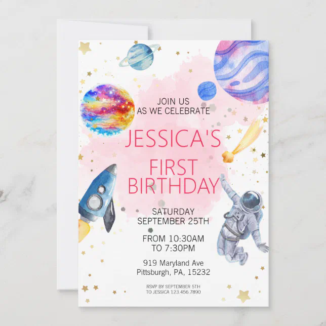 Girl Astronaut Outer Space Rocket Ship Planet Invitation | Zazzle